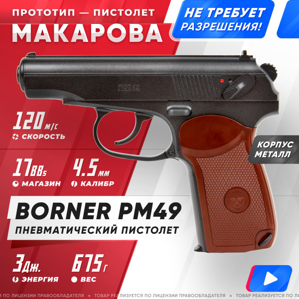 Пневматический пистолет Borner ПМ 49, кал. 4,5 мм 8.4949 - купить по ...