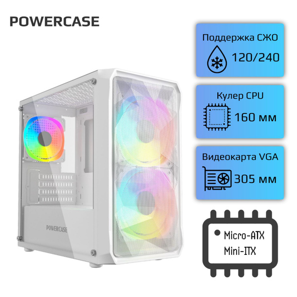 Корпус Powercase Mistral Micro A3W, Tempered Glass, 2x 140mm ARGB PWM+ ...