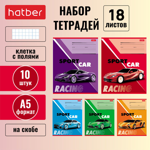 Набор тетрадей Hatber 10 шт 18л А5 клетка на скобе 5 дизайнов в блоке скругленные углы серия ...