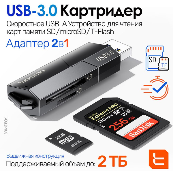 USB-A 3.0 картридер для SD / microSD / TF карты памяти поддержка до 2ТБ ...