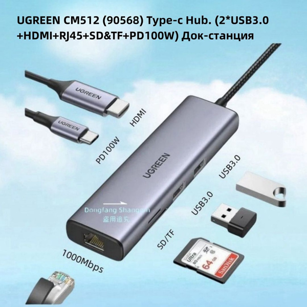 UGREEN CM512 (90568) USB-C to 2*USB3.0+HDMI+RJ45+SD&TF ...