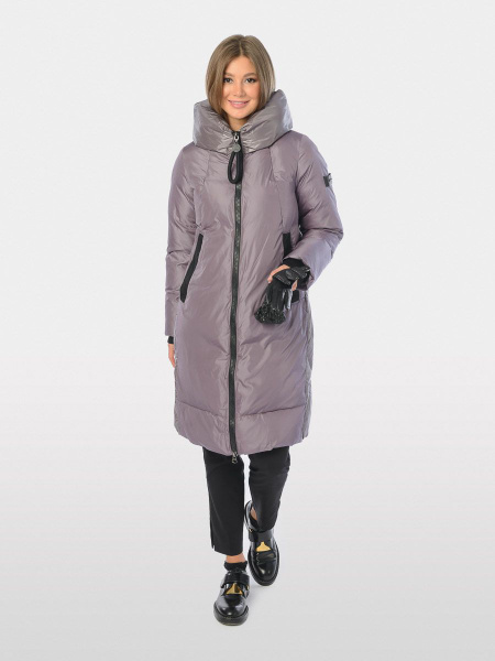 Пуховик Женский Elfina сиреневый капюшон Полиэстер, размер 44 Длинный Зима Био-пух Россия купить ...