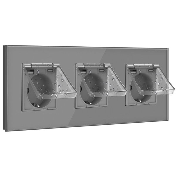 Розетка с Usb и Type C входами C крышкой влагозащищённая 3 поста 16А 250В рамка стекло Серая