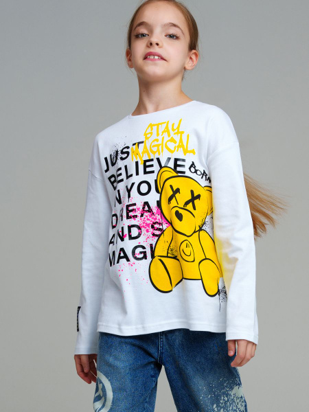 Лонгслив Девочки PlayToday белый Длинный, размер 134 Трикотаж Надписи Повседневный Без застежки ...