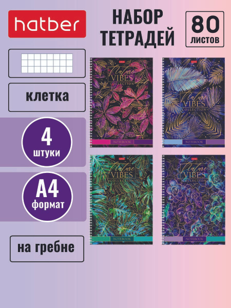 Набор тетрадей Hatber 4 штуки/4 дизайна 80 листов, формата А4, в клетку, на гребне, матовая ...