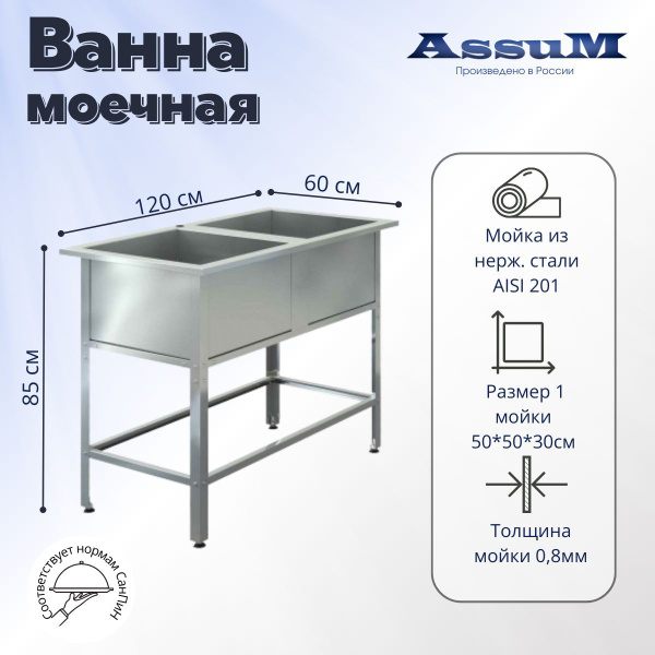 Ванна моечная (мойка с бортом) 1200х600х850мм, из нержавеющей стали ...