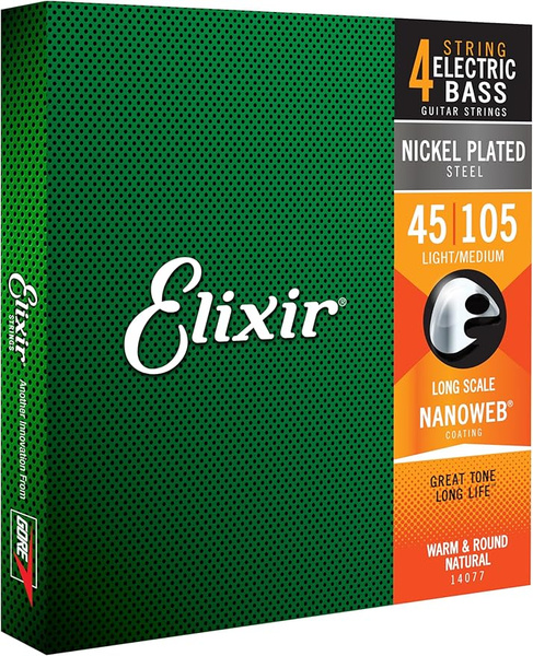 Elixir 14077 4-струнные струны для электрической бас-гитары (.045-.105) никелированная сталь с ...