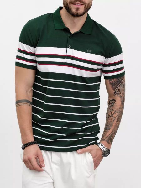Поло Мужской Bronks темно-зеленый Короткий, размер 52, 54 Хлопок, Спандекс Полоска свободный ...