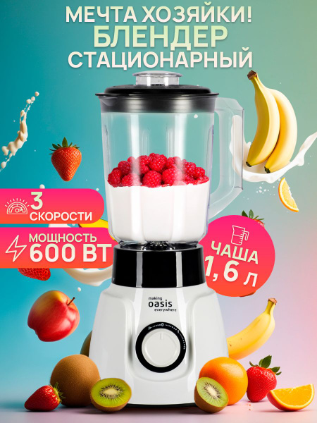 Блендер стационарный Oasis ST-60W белый, Мощность 600 Вт, Чаша пластик 1.6 л, 3 режима, 2 года ...