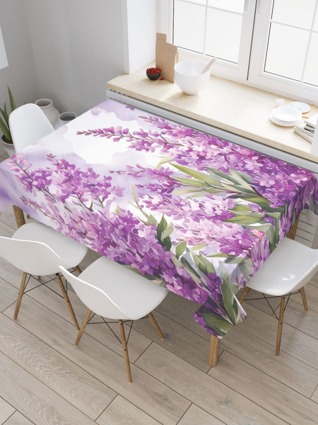 Прямоугольная тканевая скатерть на стол с рисунком "Акварельная сирень" 120 на 145 см, JoyArty ...