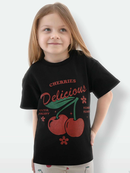 Футболка Девочки черный Средний, размер 104, 110 Хлопок, Футер ...
