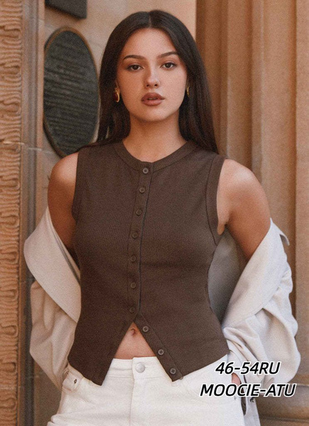 Майка Женский MOOCIE кофейный, размер 44 Поролон Повседневный облегающий Однотонный, рост 160 ...