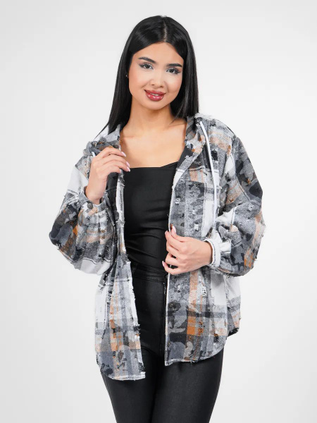 Рубашка Женский DARENZI темно-синий графитовый Длинный Фланель Капюшон Клетка, размер 46, 48 ...