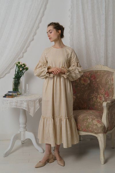 Платье Женский Cher-Neva бежевый, бежевый лайт прямое Вечерний/праздничный Длинный Хлопок Рюши ...