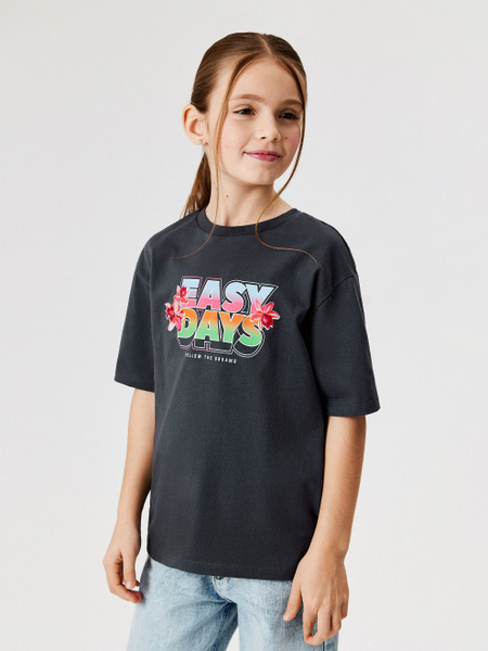 Футболка Девочки Acoola графит Короткий, размер 158 Трикотаж, Хлопок Надписи, Цветочный ...