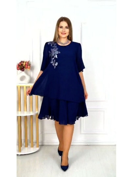 Платье Женский MoDiva темно-синий ярусное платье Вечерний/праздничный Средний Шифон Аппликация ...