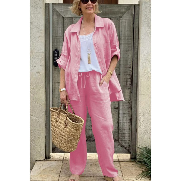 Комплект одежды Женский YIFU HOME Повседневный розовый, размер 54 Лавсан, Лён Однотонный Китай ...