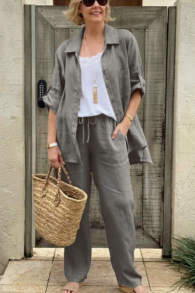 Комплект одежды Женский YIFU HOME Повседневный серый, размер 52 Лавсан, Лён Однотонный Китай ...