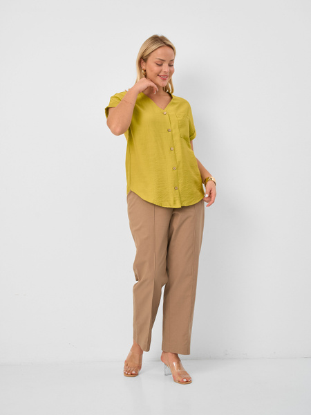 Блузка Женский Safi Collection горчичный Хлопок, Лён Карманы Короткий, размер 52 полуприлегающий ...