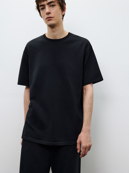 Футболка Мужской Befree черный Длинный, размер 44 Трикотаж Однотонный прямой Повседневный ...