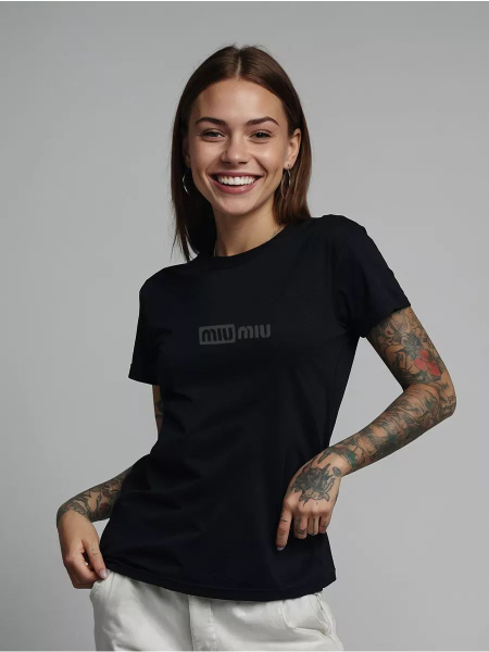 Футболка Женский Miu Miu черный серый Средний размер 60 Хлопок Логотип Надписи прямой