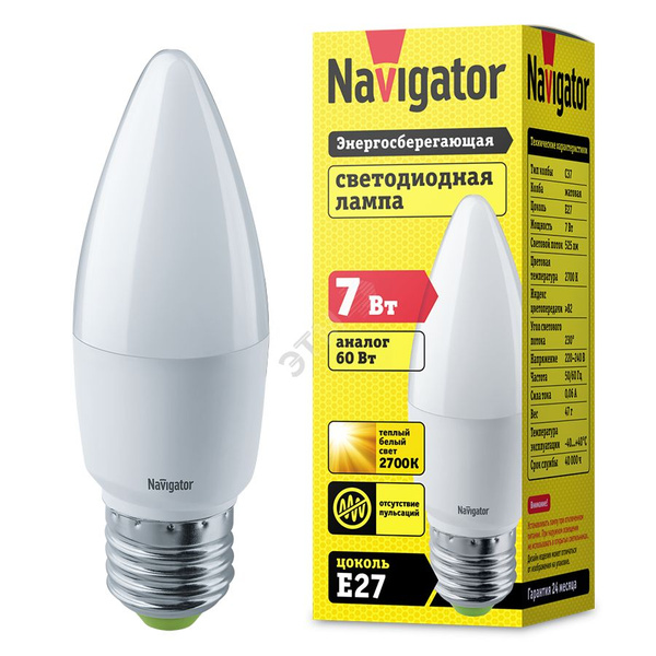 Характеристики Светодиодная лампа Navigator C37 7Вт 230В 2700K E27 - 4 ...