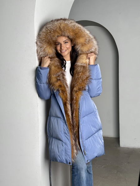 Пуховик Женский Milliant Капюшон, Карманы голубой, размер 42 Зима Пух ...