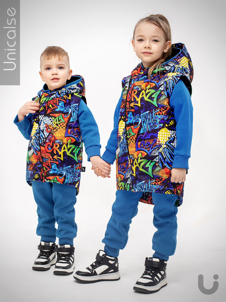 Жилет утепленный Девочки, Мальчики Unicalse Капюшон, Воротник синий, размер 116 Дюспо ...