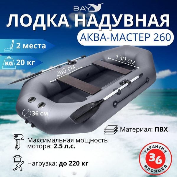 Лодка надувная Моторно-гребная Аква МАСТЕР 260 цвет графит, для рыбалки ...