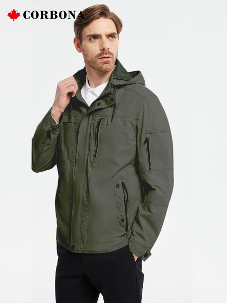 Куртка Мужской Corbona Капюшон, Карманы темно-зеленый стойка Полиэстер, Хлопок, размер 56 ...