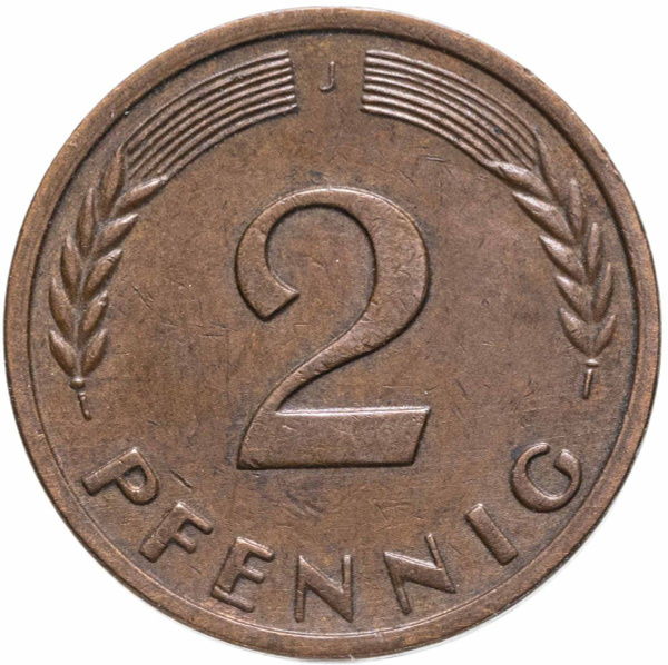 Германия 2 пфеннига pfennig 1963, знак монетного двора: "J" - Гамбург, Бронза, в сохранности XF ...