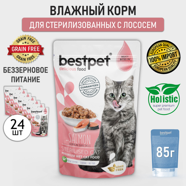 Влажный беззерновой корм для стерилизованных кошек BESTPET с Лососем в ...