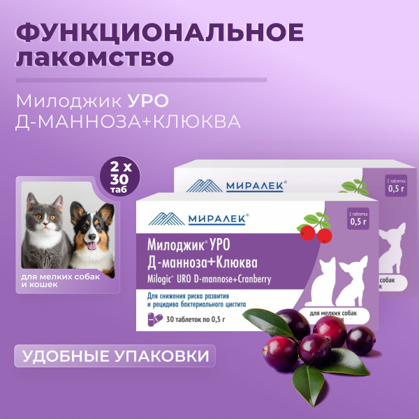 Характеристики Милоджик Уро Д-манноза+клюква для мелких собак и кошек ...