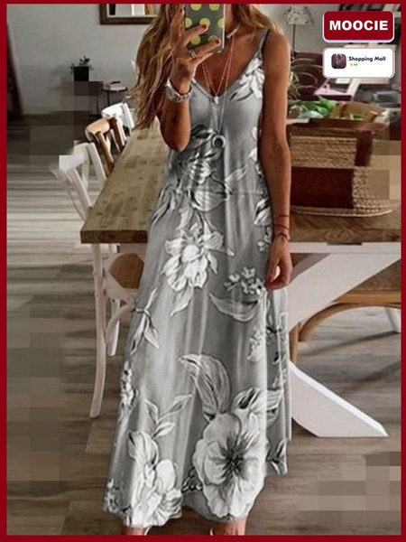 Сарафан Женский MOOCIE серый лист ярусное платье Пляжный Без рукавов Лавсан Декольте, размер 48 ...