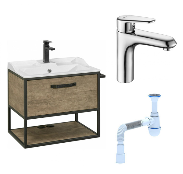 Комплект: Тумба с раковиной Акватон Лофт Фабрик 65 дуб кантри + Смеситель Lemark хром + Сифон ...