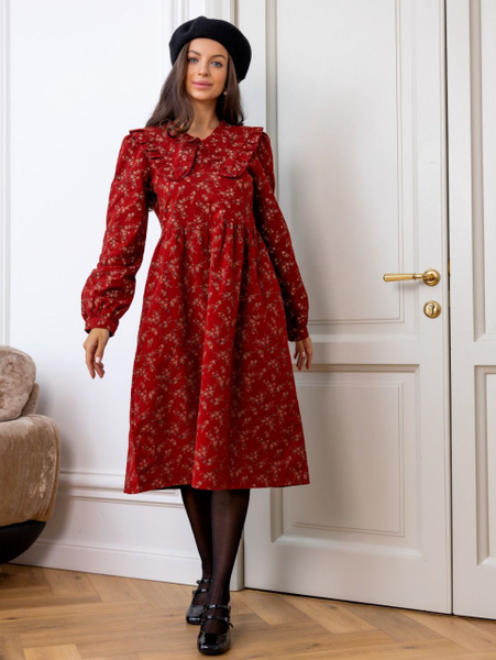 Платье Женский Cher-Neva красный прямое Вечерний/праздничный Длинный Хлопок Рюши, Воротник ...