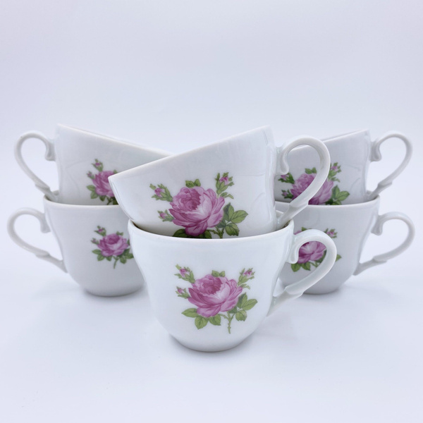 Набор кофейных чашек с изображением роз на 6 персон, фарфор, деколь, золочение, Kahla, ГДР, 1960 ...