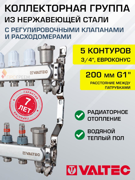 Коллектор НЕРЖ 5 вых. 3/4" с регул.клапанами, расходомерами VALTEC 100С, 10 бар, 1 ...