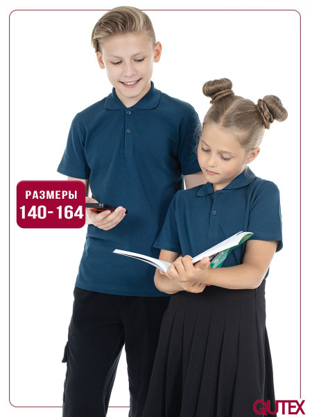 Поло Мальчики, Девочки QUTEX темно-синий Короткий, размер 152, 158 Хлопок Однотонный прямой ...