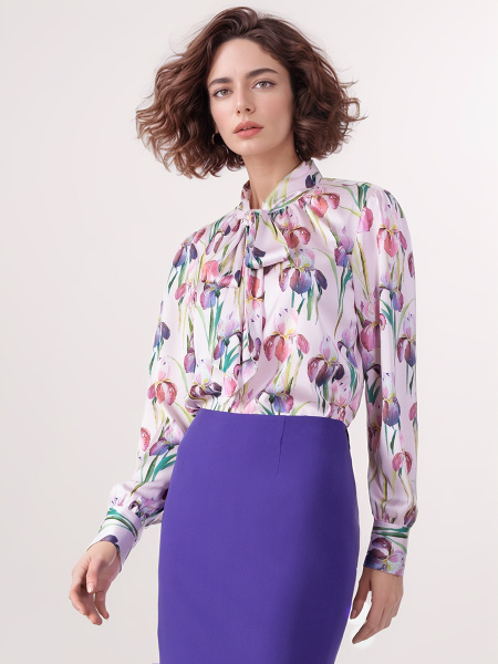 Блузка Женский SAMOS светло-розовый Текстиль Бант Длинный Цветочный, размер 42 свободный Завязки ...