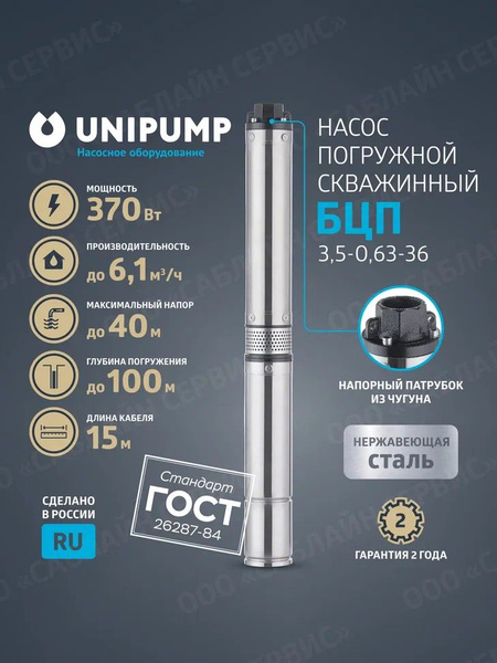 Насос для воды погружной скважинный UNIPUMP БЦП 3,5-0,63-36 (370Вт; кабель 15м) купить на OZON ...