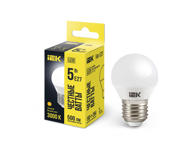Лампа светодиодная ECO G45 шар 5Вт 230В 3000К E27 код. LLE-G45-5-230-30-E27 IEK (90шт.в упак ...