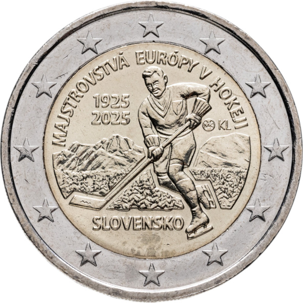 Словакия 2 евро 2025 Чемпионат Европы по хоккею 1925, сохранность UNC (в обращении не была ...