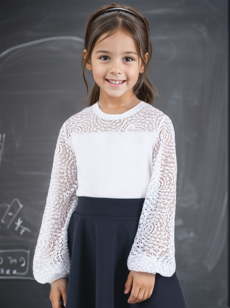 Блузка Девочки MamiDreams белый Трикотаж, Кружево Кружево Длинный Однотонный, размер 152 прямой ...