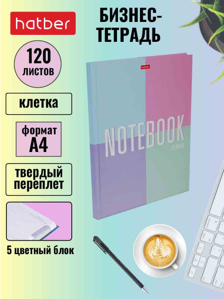 Бизнес-тетрадь, блокнот Hatber 120л А4 5-цв. блок клетка твердый переплет глянц. ламин.-Color ...