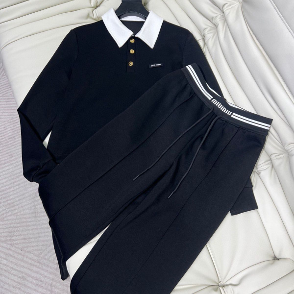 Комплект одежды Женский Miu Miu Повседневный черный размер 46 48 Хлопок Логотип рост 158 174