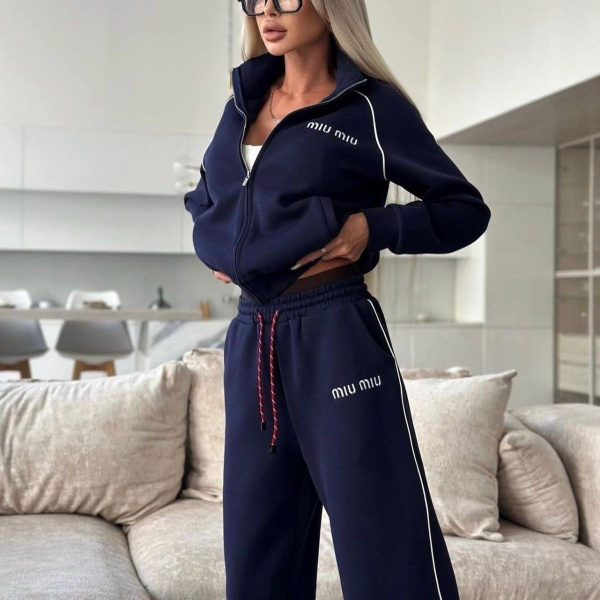 Костюм спортивный Женский Miu Miu Повседневный синий, размер 44, 46 Хлопок Логотип, рост 158-174 ...