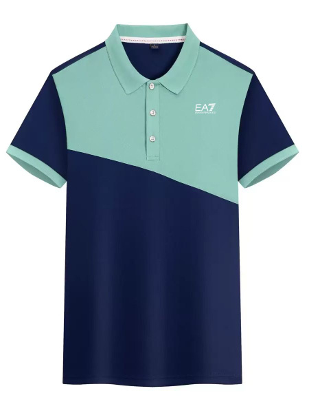 Поло Мужской EA7 иссиня-черный Короткий, размер 48, 50 Полиэстер FR Однотонный облегающий ...