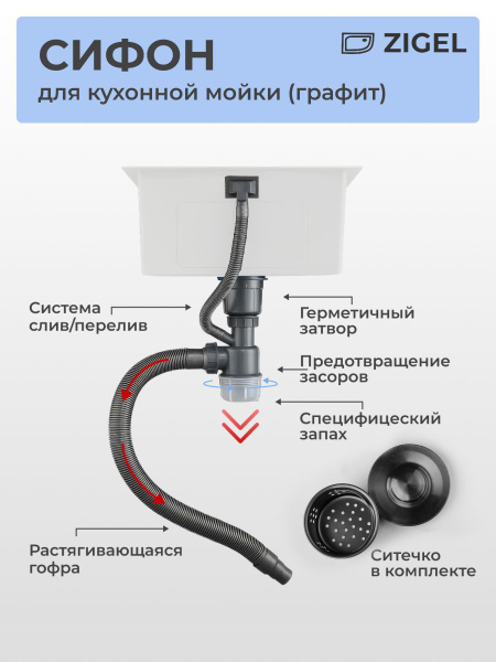 Сифон ZIGEL сливной для кухонной мойки 110/90 мм, Графит купить на OZON ...