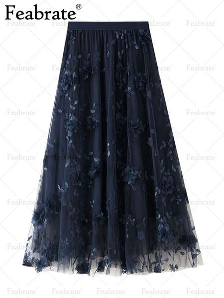 Юбка Женский Feabrate сапфировый Полиэстер FR плиссе, размер 44, 46 Вышивка Однотонный Лето ...